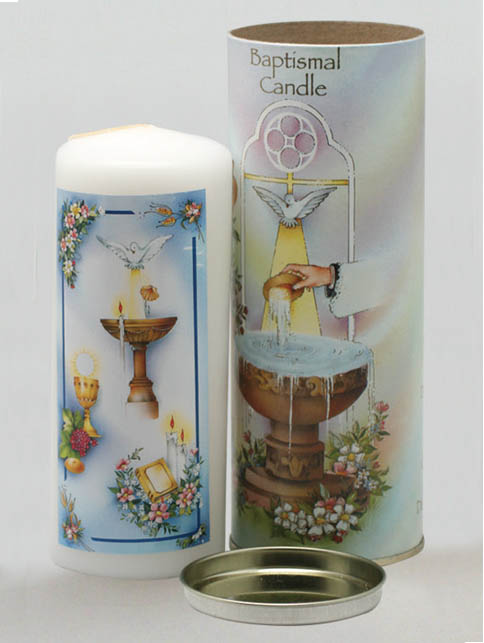 Baptism Candle in container | Educational and Religious Supplier